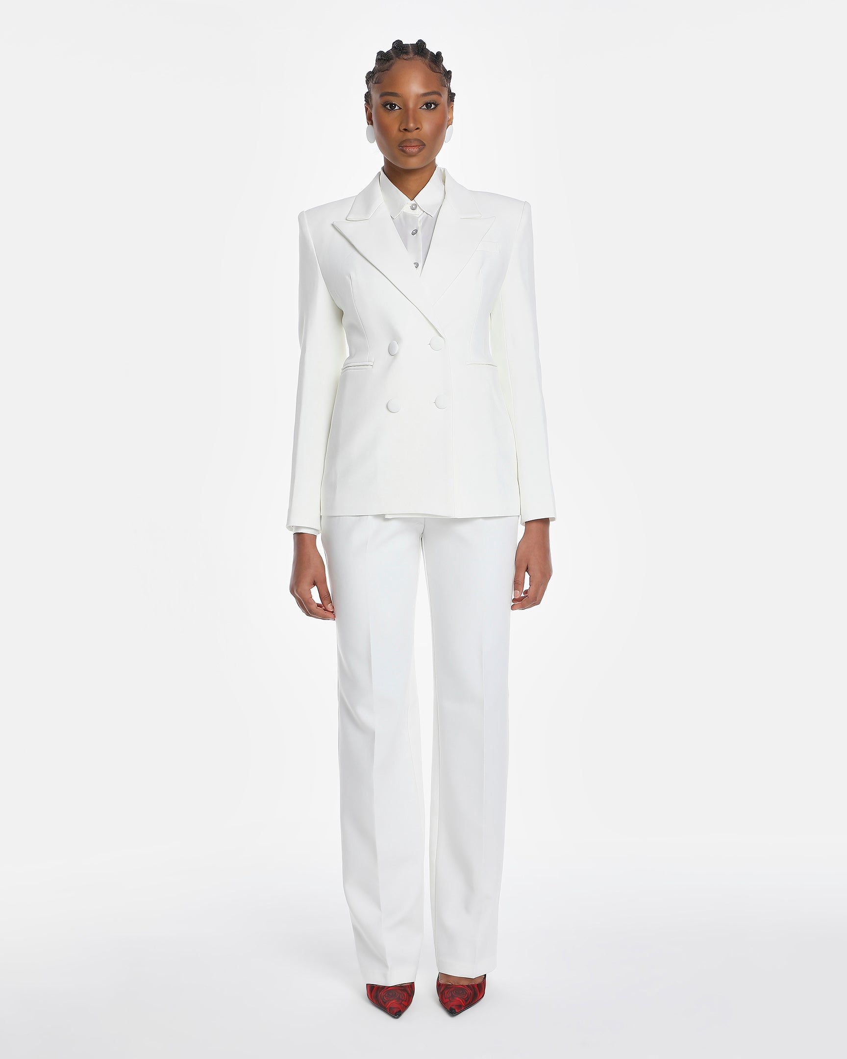Chikito Crepe Double-Breasted Tailored Suit In White (Blazer & Pants)